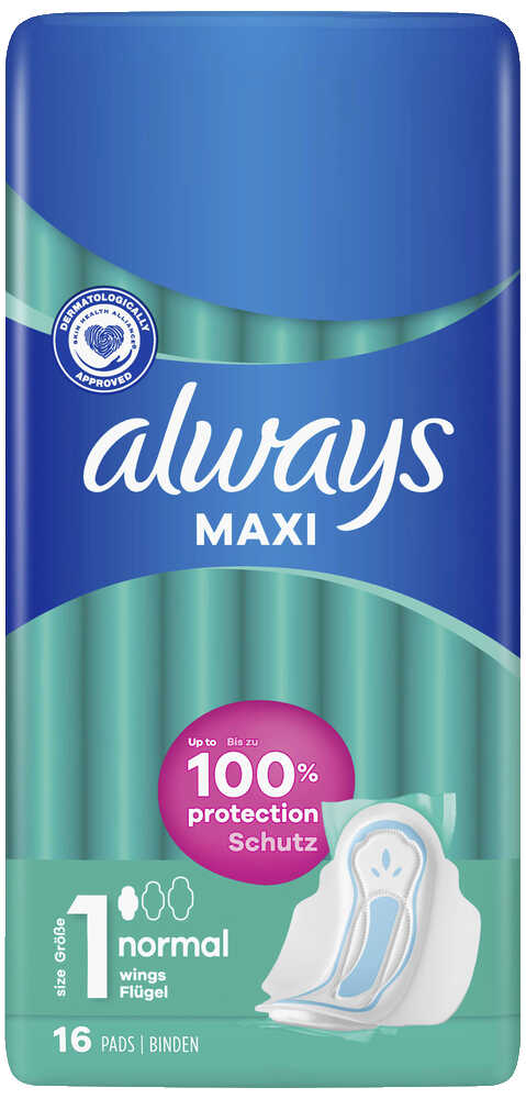 always Binden Maxi Normal mit Flügeln für leichte bis mittlere Tage, 16 ...
