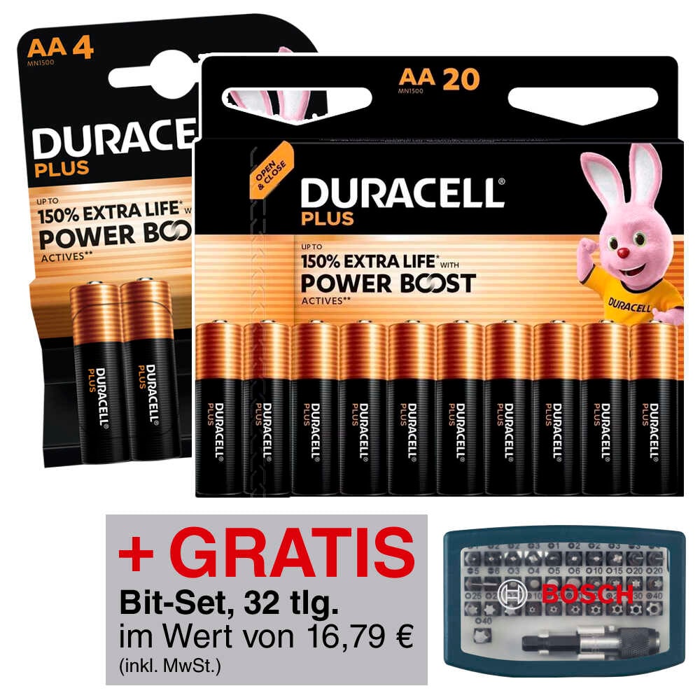 AKTION: DURACELL Batterien PLUS Alkali-Mangan Mignon AA 1,5 V, 24 St ...