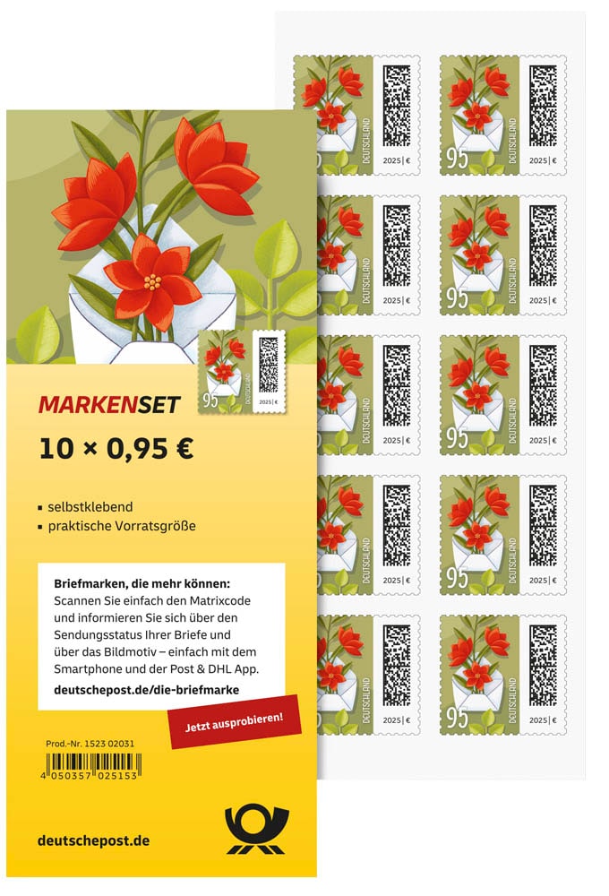 Porto ab 2025: Deutsche Post 0,95 € Briefmarken "Blumenbrief ...