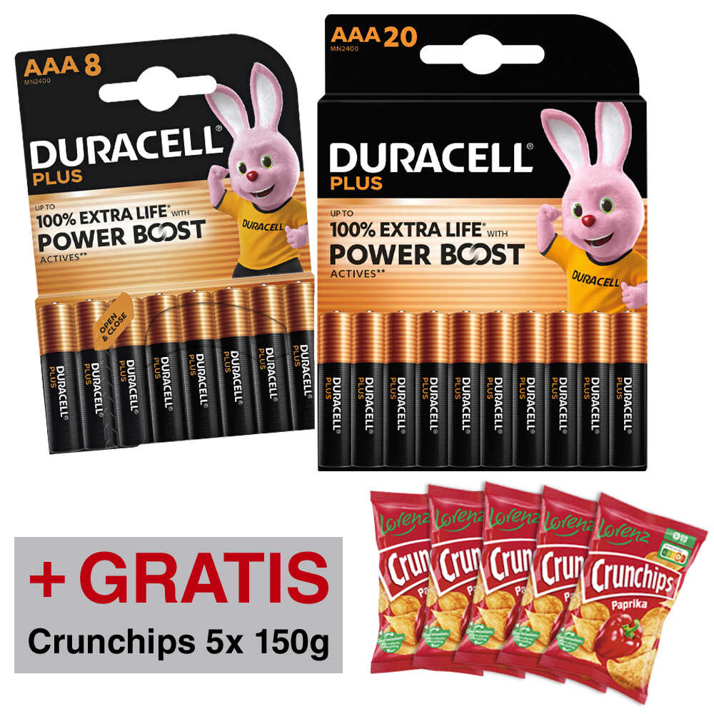 AKTION: 28 DURACELL Batterien PLUS Micro AAA 1,5 V + GRATIS 5x Crunchips Paprika Chips 150,0 g ...
