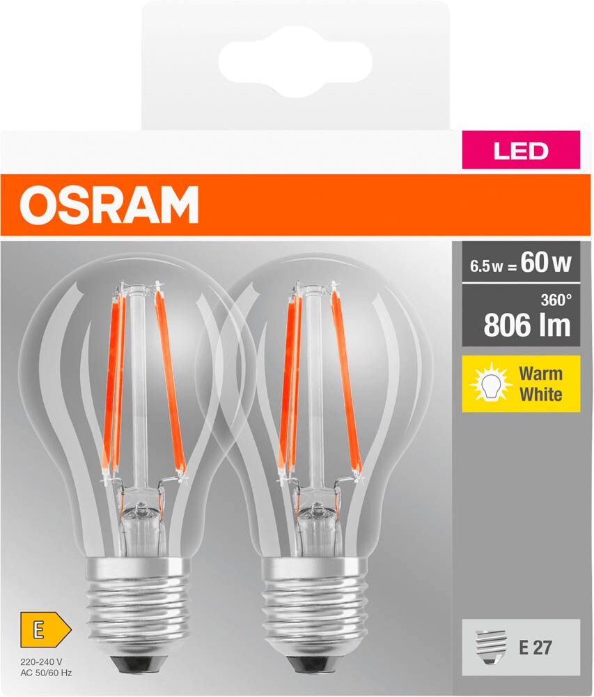 2 OSRAM LED-Lampen Base CLASSIC A60 Multipack E27 6,5 W klar | office discount