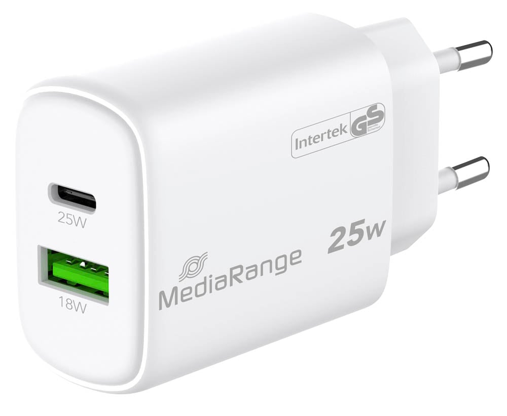 MediaRange 25W USB A/USB C Quick Charge Ladeadapter weiß, 25 Watt ...