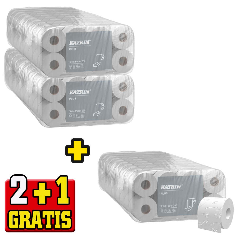 2 + 1 GRATIS: KATRIN Toilettenpapier PLUS 250 3-lagig, 2x 72 Rollen ...