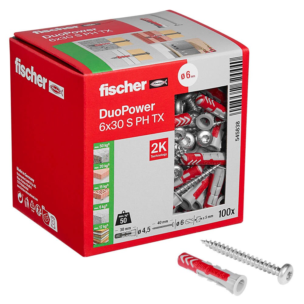 fischer DuoPower 6x30 S PH TX 545838 Dübel mit Schrauben Ø 6 mm x 30 mm ...