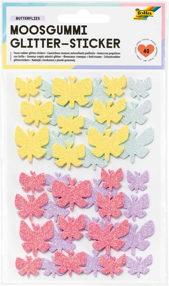 folia Moosgummi Glitter-Sticker BUTTERFLIES gelb, pink, mint, lila 40 ...